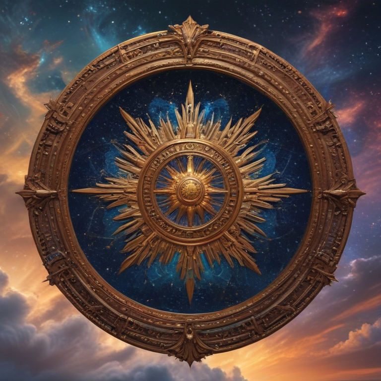 Intricate Celestial Compass with Golden Sunburst Against a Cosmic ...