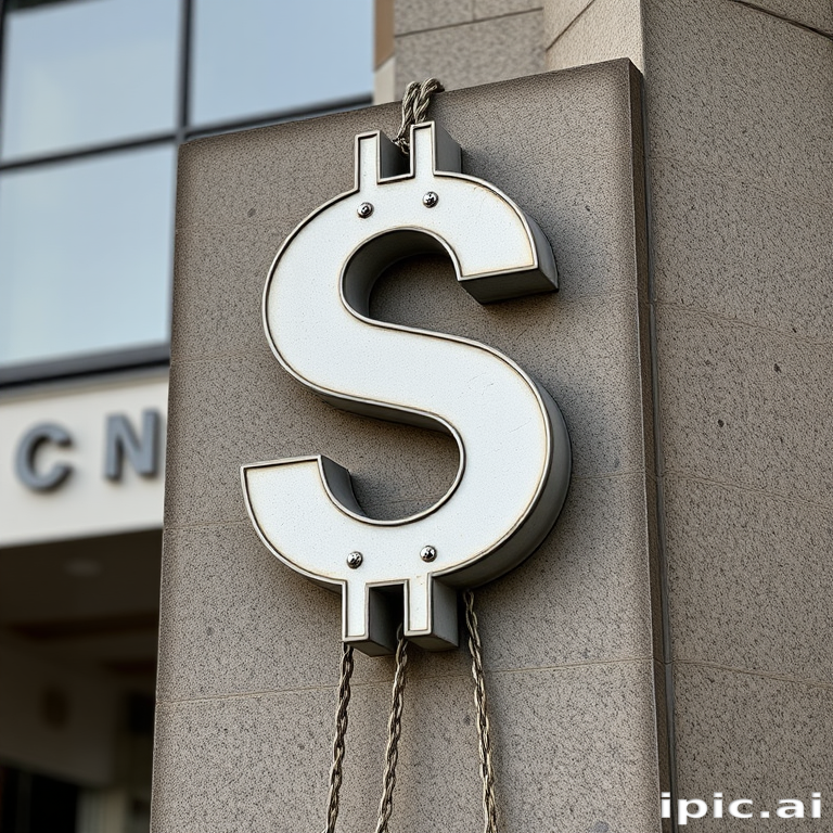 A Large Illuminated Dollar Sign Hanging on a Building Exterior.