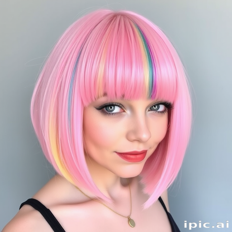 Whimsical pastel pink bob with blunt bangs, incorporating playful ...