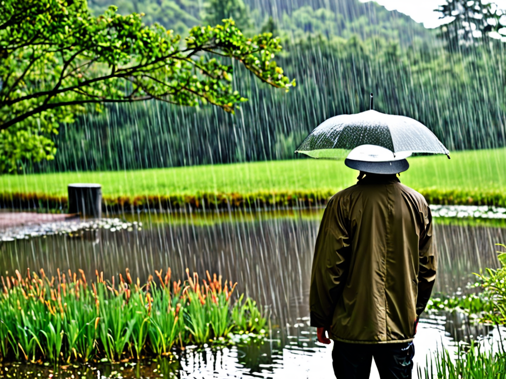 Person in the rain with the background of a beautiful place with a pond