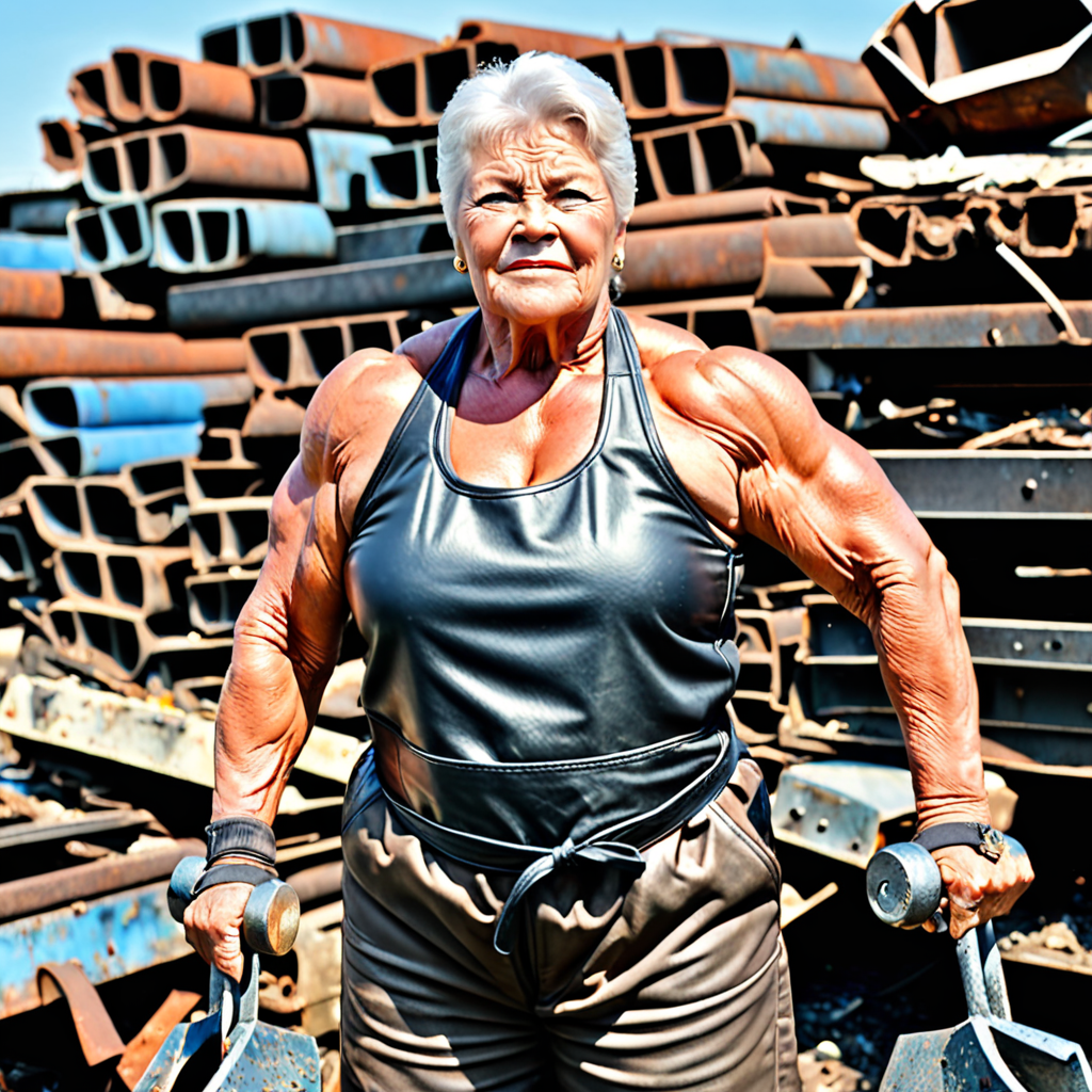 A very strong muscular elderly female very overweight bodybuilder in a ...