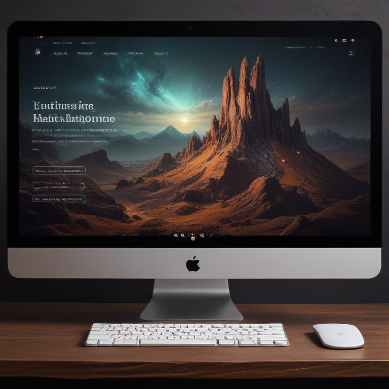 Futuristic Desktop Scene Featuring a Stunning Mountain Landscape on a ...