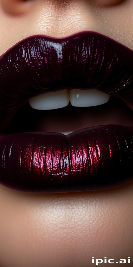 Close-Up of Glossy Dark Purple Lips with a Shimmering Finish