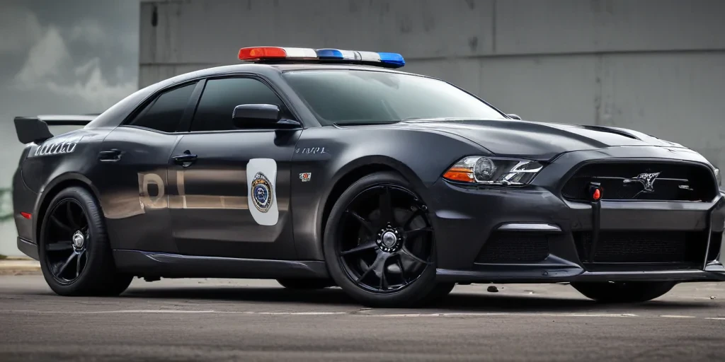 Stylish Black Police Car with Blue and Red Emergency Lights Active