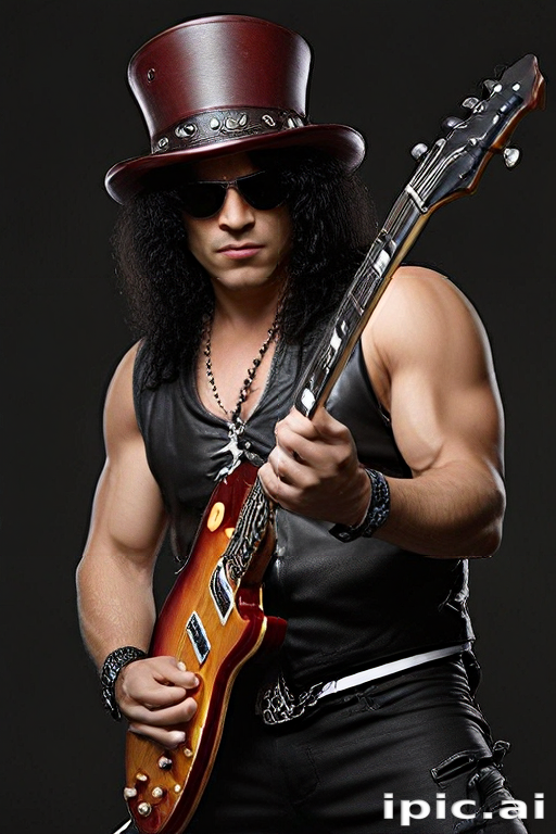 Dynamic Rock Guitarist in Black Leather with Iconic Hat and Sunglasses
