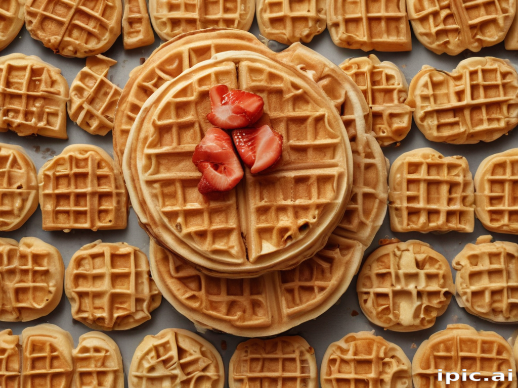 A Delicious Stack of Waffles Surrounded by More Waffles and Strawberries.