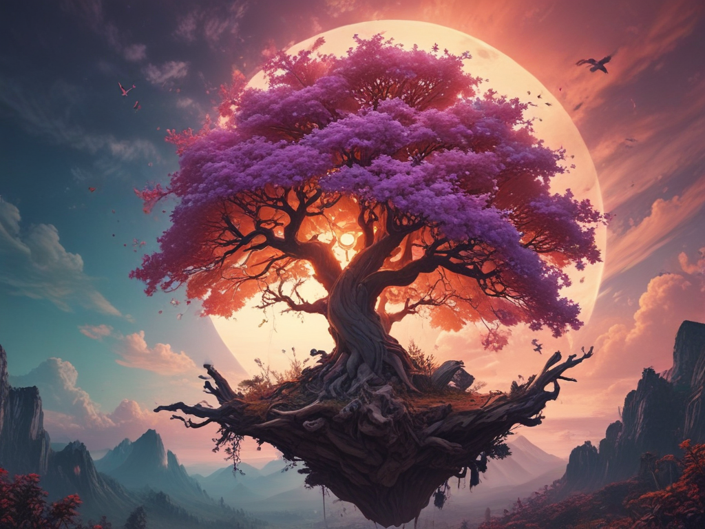 Majestic Floating Tree Under a Vibrant Sunset with Colorful Skies