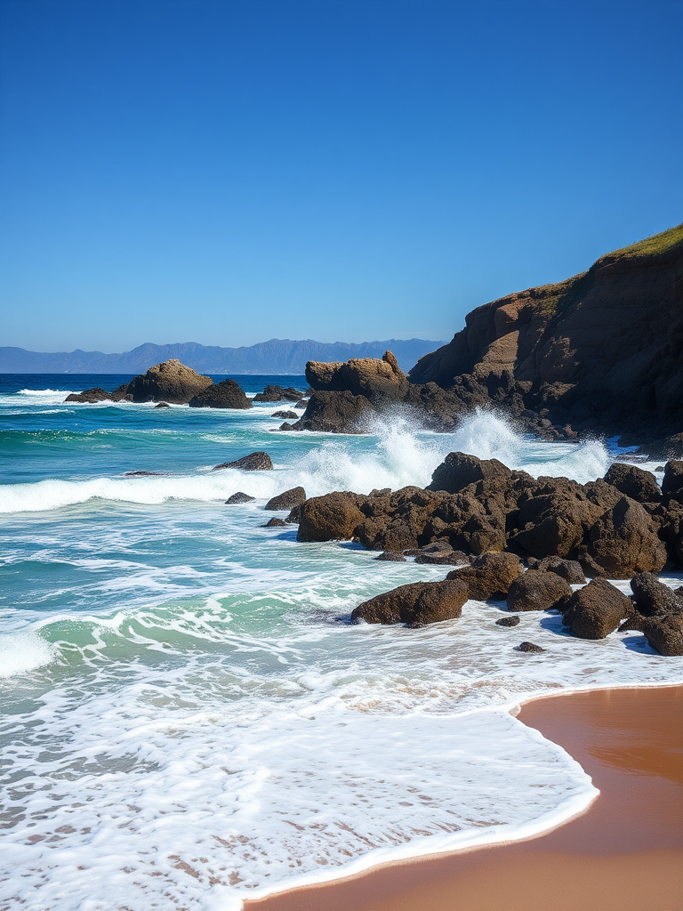 Serene Coastal Landscape Featuring Waves Crashing Over Rocky Shoreline ...