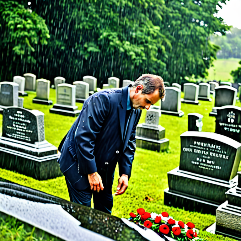 Man standing over mothers grave sad raining