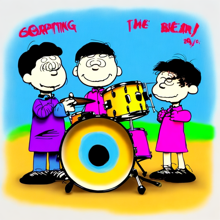 A cartoon drawing in the style of Peanuts of a rock and roll band.