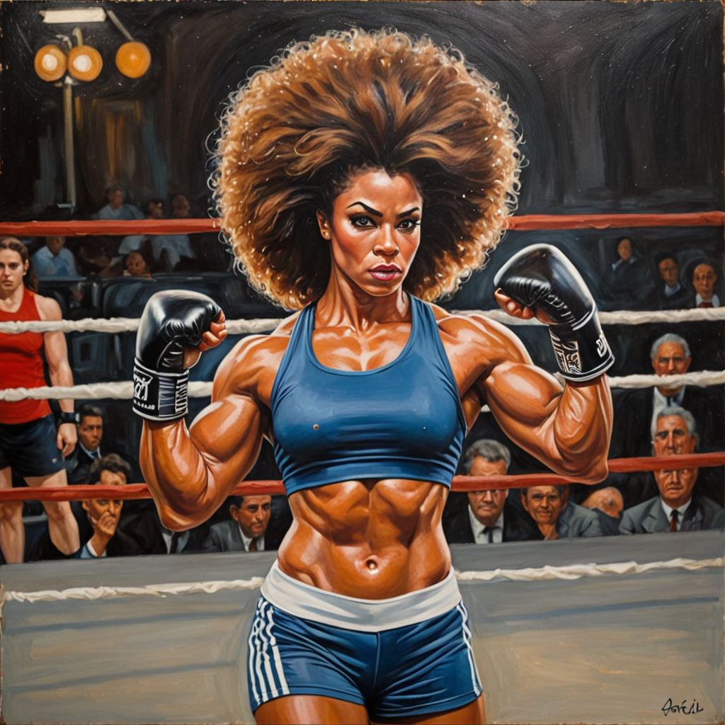 lady bodybuilder flexing biceps boxing ring, big hair, annoyed, oil ...