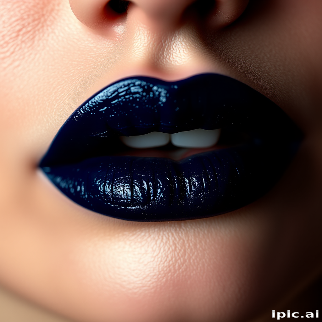 Close-Up of Glossy Dark Blue Lips Highlighting a Bold Fashion Statement