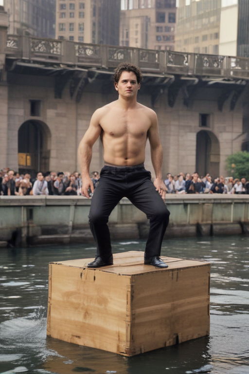 Harry houdini on a box on water near empire state building