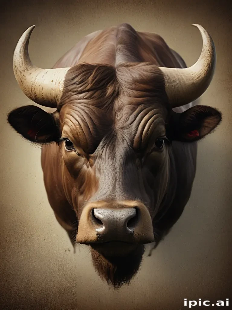 A Majestic Brown Bull Staring Directly at the Viewer with Intensity.