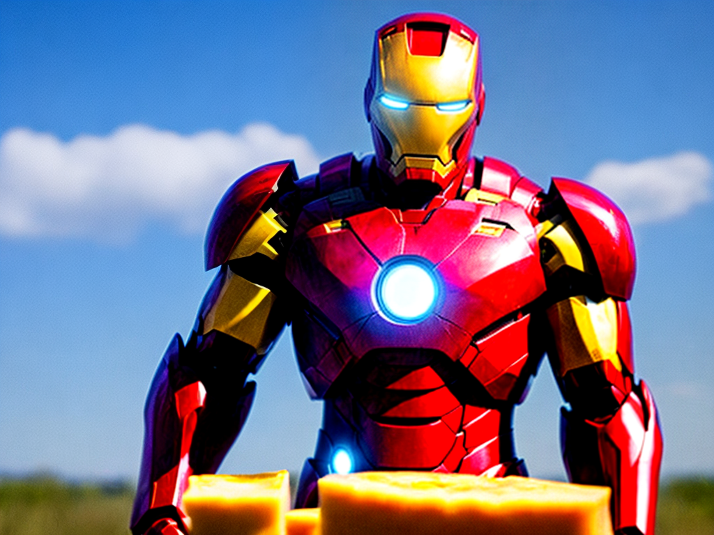 iron man eating cheese burgers in reasurant