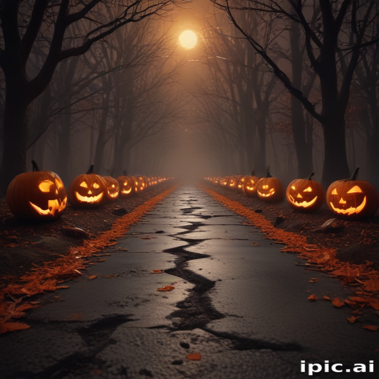 Spooky Halloween Night with Glowing Jack-o'-Lanterns Lining the Dark Pathway
