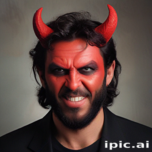 Man with Red Face and Horns Smiling Sinisterly in Dark Attire