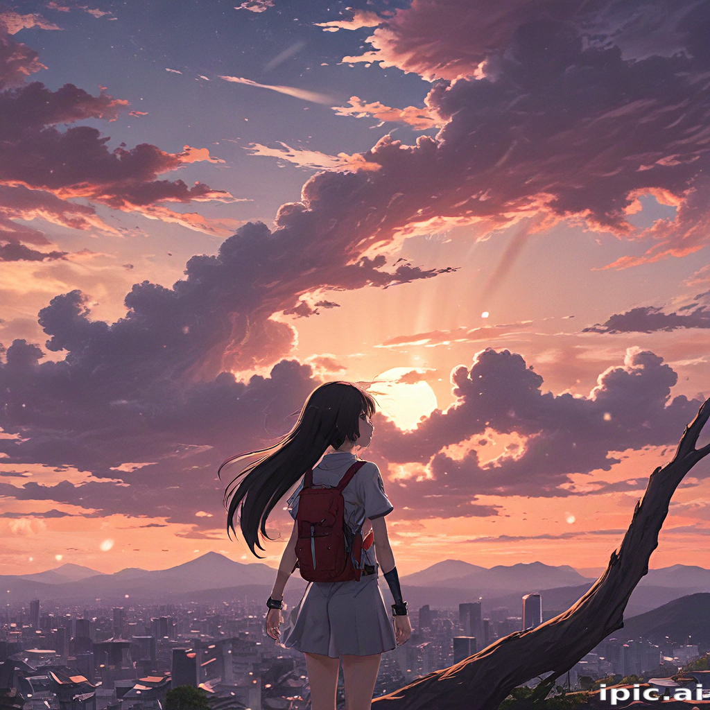 Young Girl in School Uniform Admiring a Stunning Sunset Over Cityscape