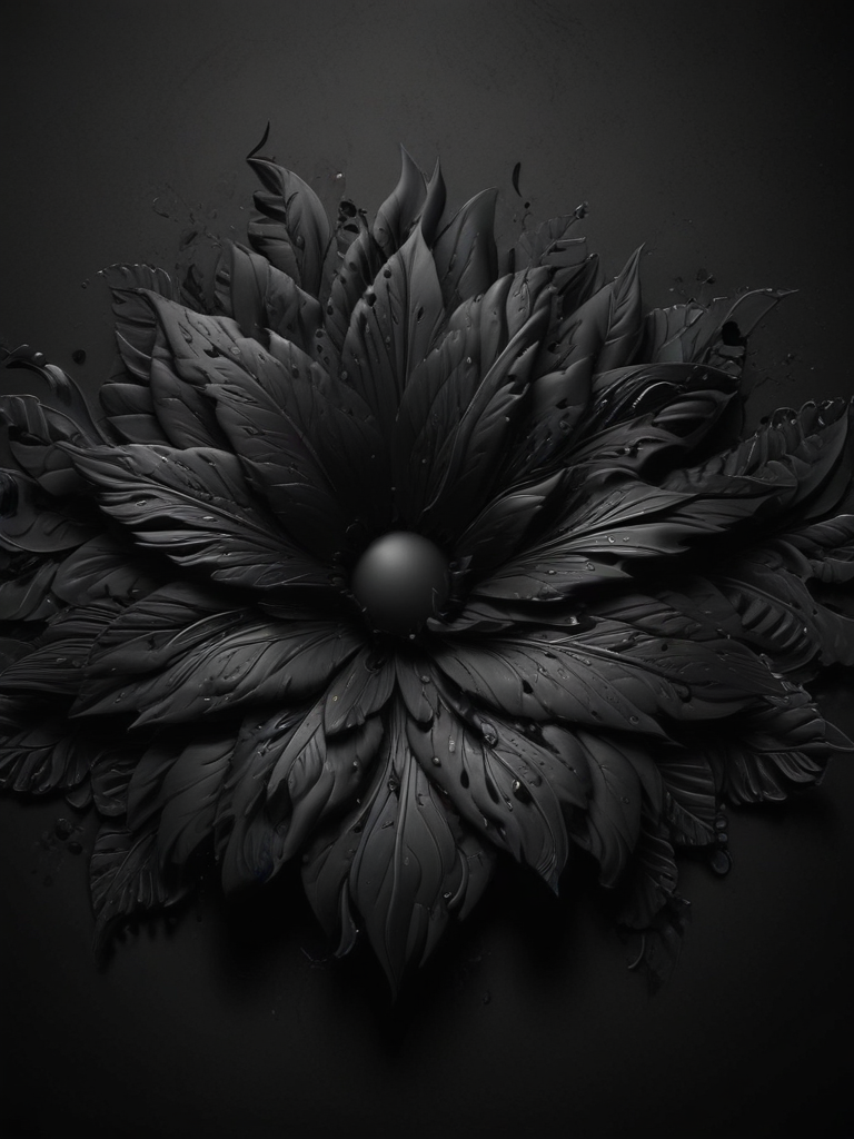 Intricate Black Floral Design with Textured Leaves and a Central Sphere