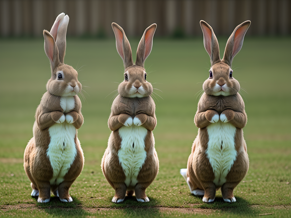 Three Adorable Rabbits Standing Upright on a Lush Green Lawn.
