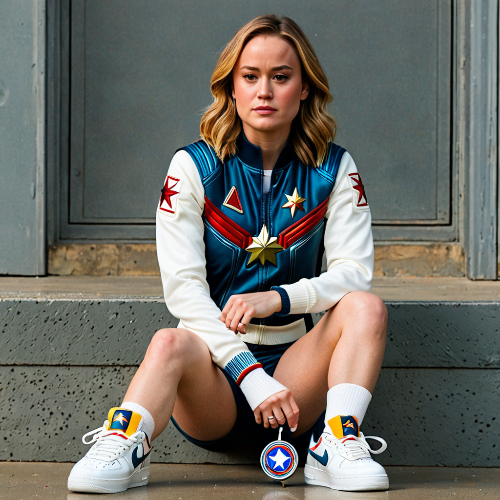 Brie Larson Carol Danvers sitting in her Captain Marvel Chestpiece ...