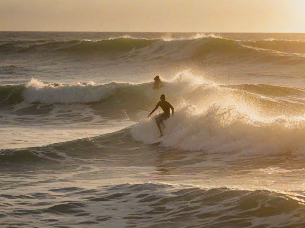 Surfers Riding Waves at Sunset, Embracing the Beauty of the Ocean.