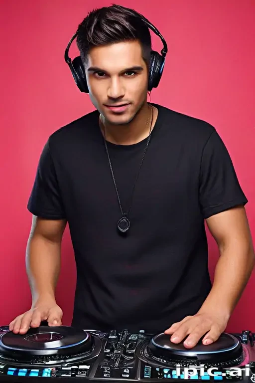 Young DJ Mixing Beats with Passion Against a Vibrant Pink Background