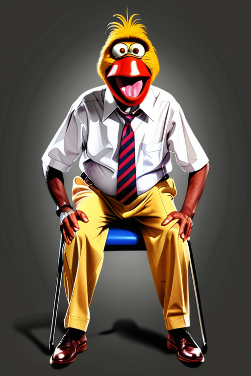 A Comedic Character with a Muppet-Like Head Sitting for a Portrait
