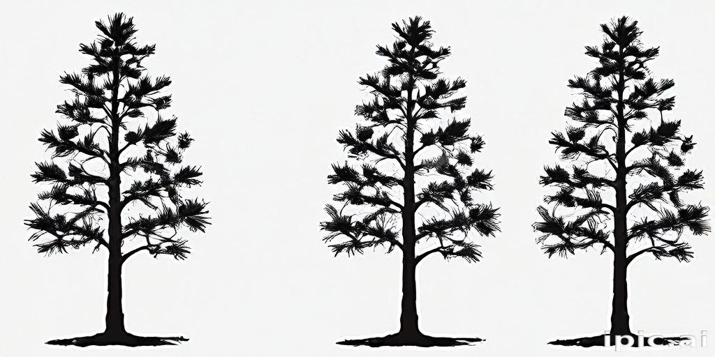 Three Tall Pine Trees Silhouetted Against a Simple White Background