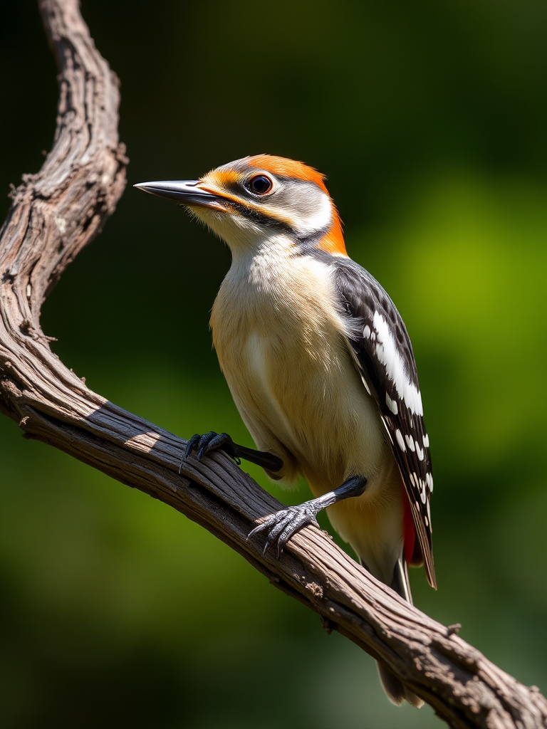 Capture a detailed close-up of a woodpecker perched on a rustic branch ...