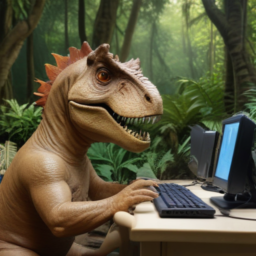 Dinosaurs in the jungle working with computers