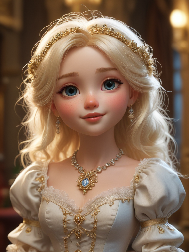 A Beautiful Princess with Sparkling Blue Eyes and Elegant Jewelry Smiling