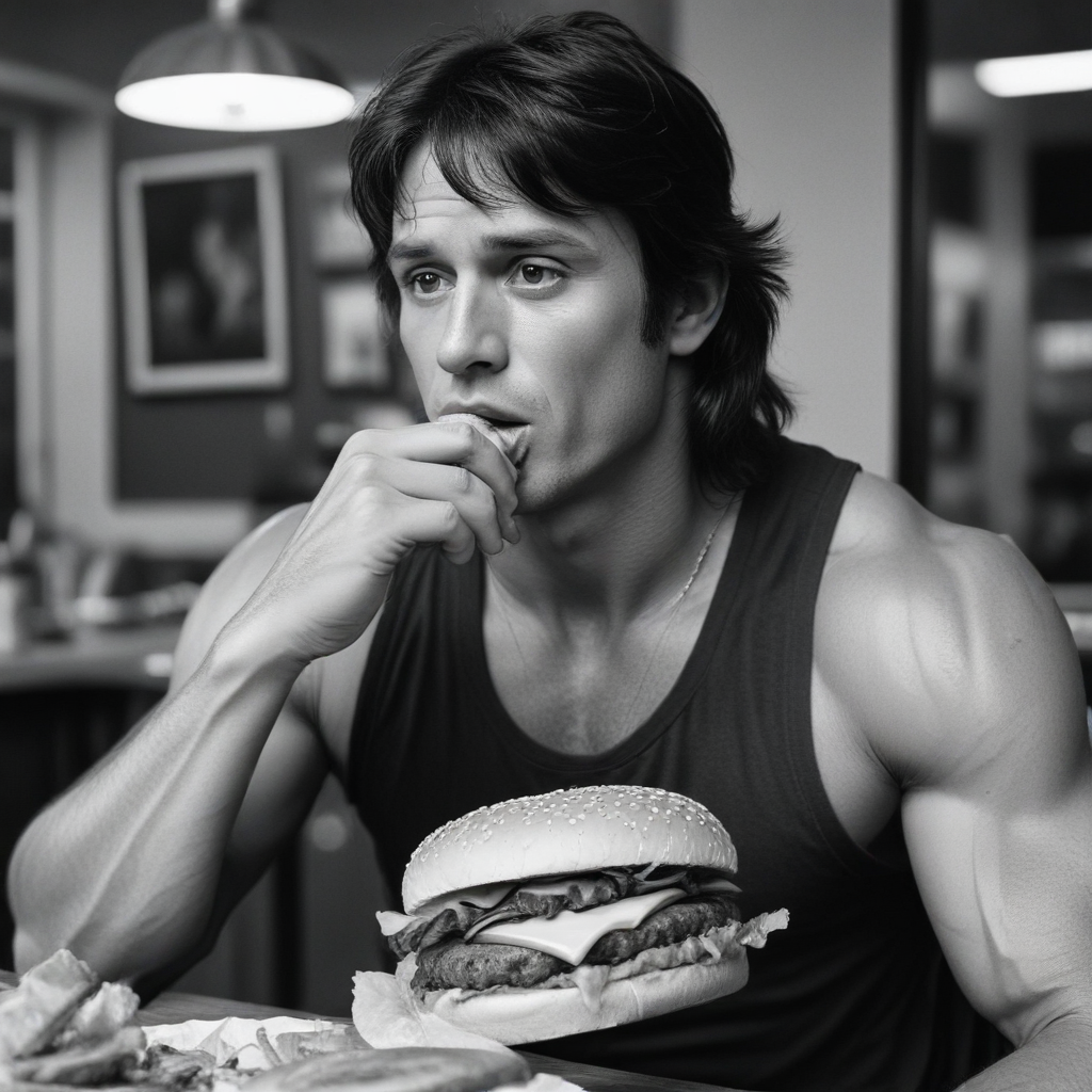 Rambo eating hamburger black white