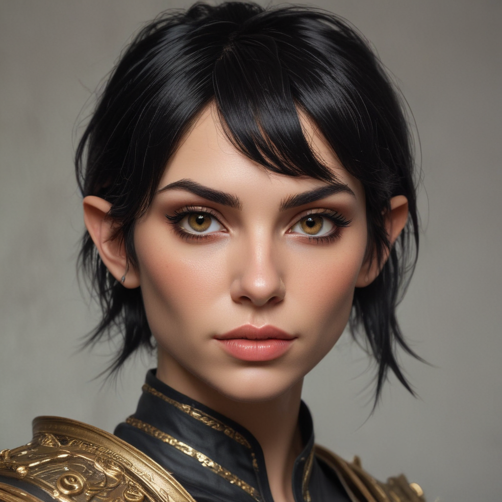 ugly high elf rogue woman with gold eyes and short black hair, she's in ...