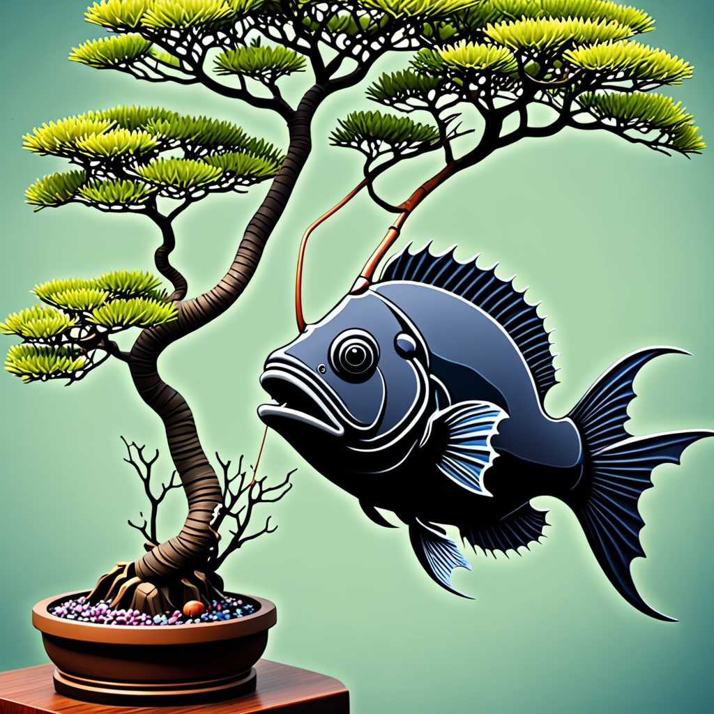 Cartoon angler fish eating a bonsai tree in the depths of the sea