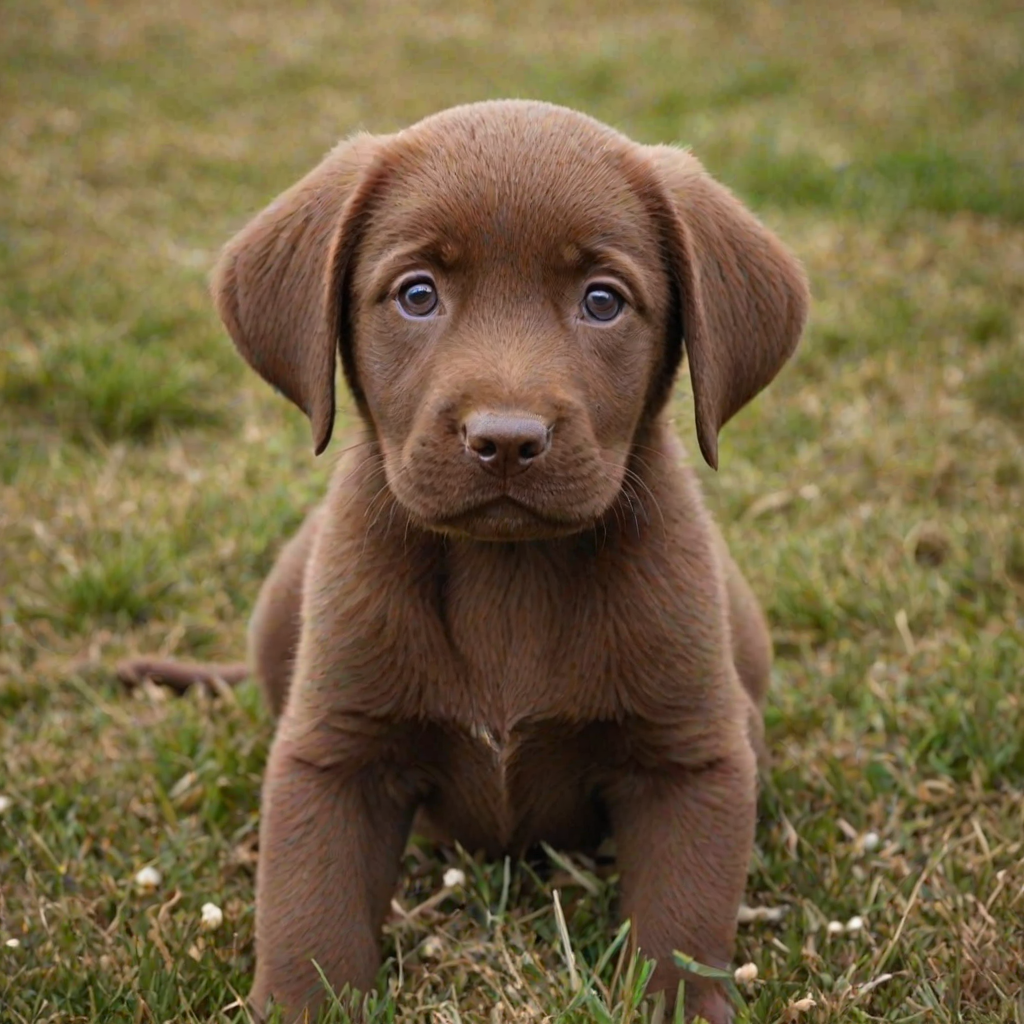 Adorable Brown Labrador Puppy Sitting on Soft Green Grass in Nature.