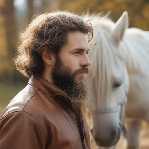 man with beard, squirrel tail and horses mane
