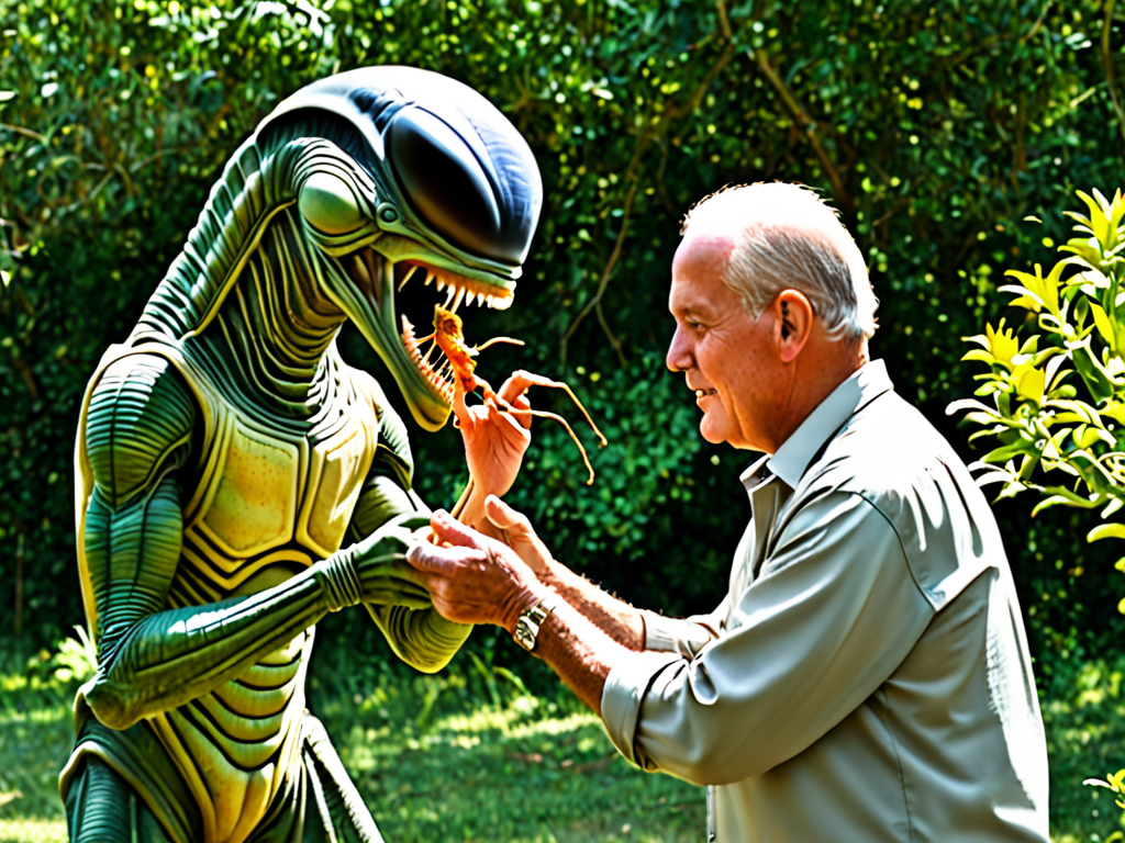 alien feeds a man with a cricket