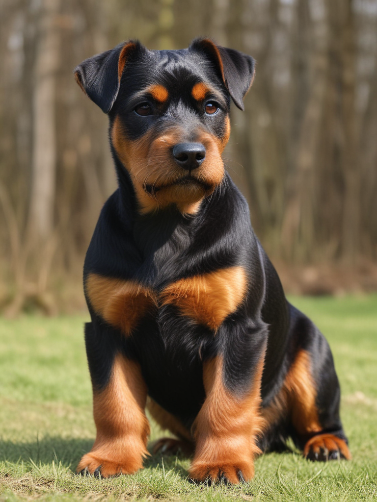 A Playful Rottweiler Puppy Sitting Proudly in a Sunny Meadow.
