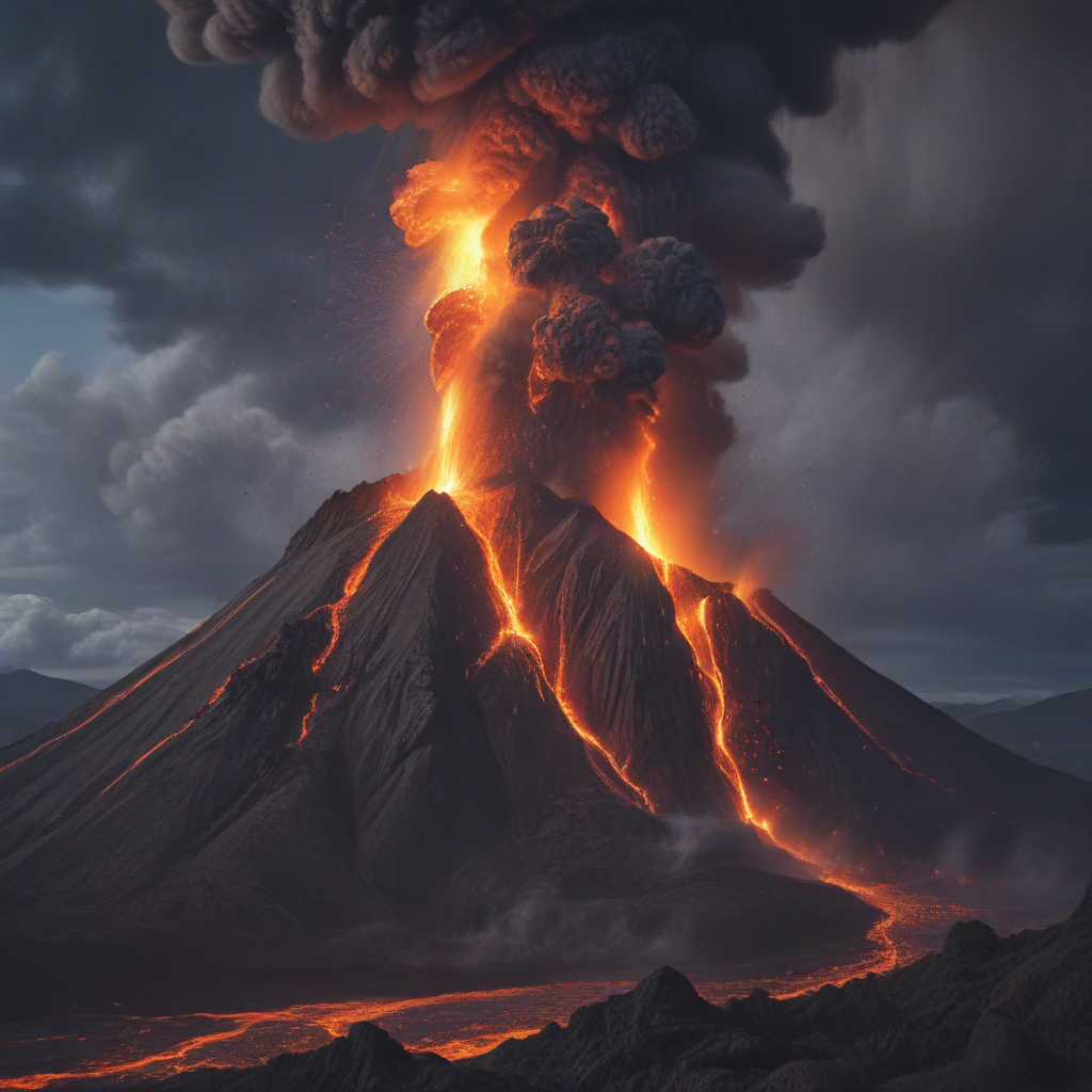 a volcano erupting and hades dancing
