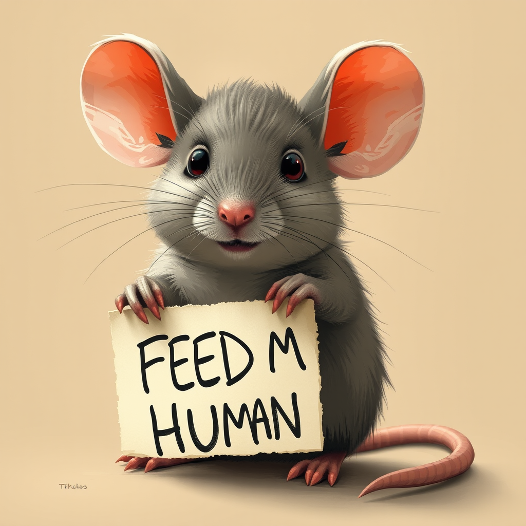 A Cute Mouse Holding a Sign Asking Humans to Feed It.