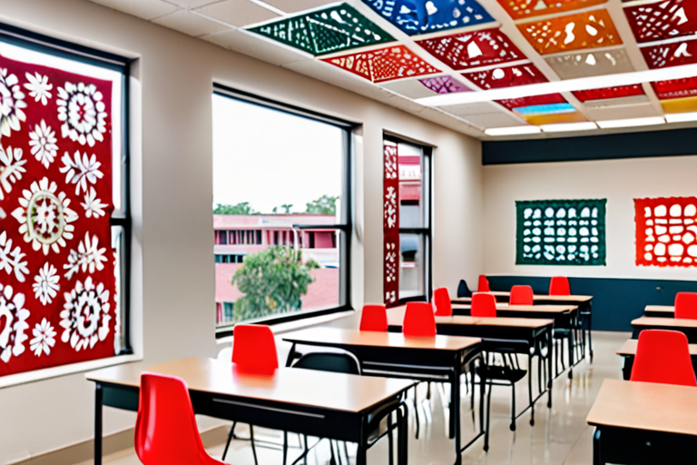 A room with colorful papel picado hanging from the ceiling. The ...