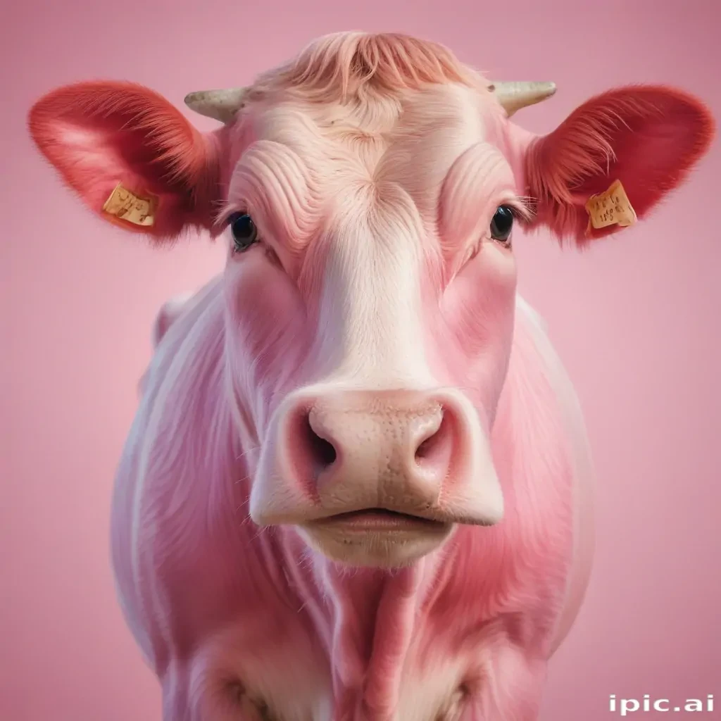 A Playful Pink Cow Staring Curiously Against a Soft Pink Background.
