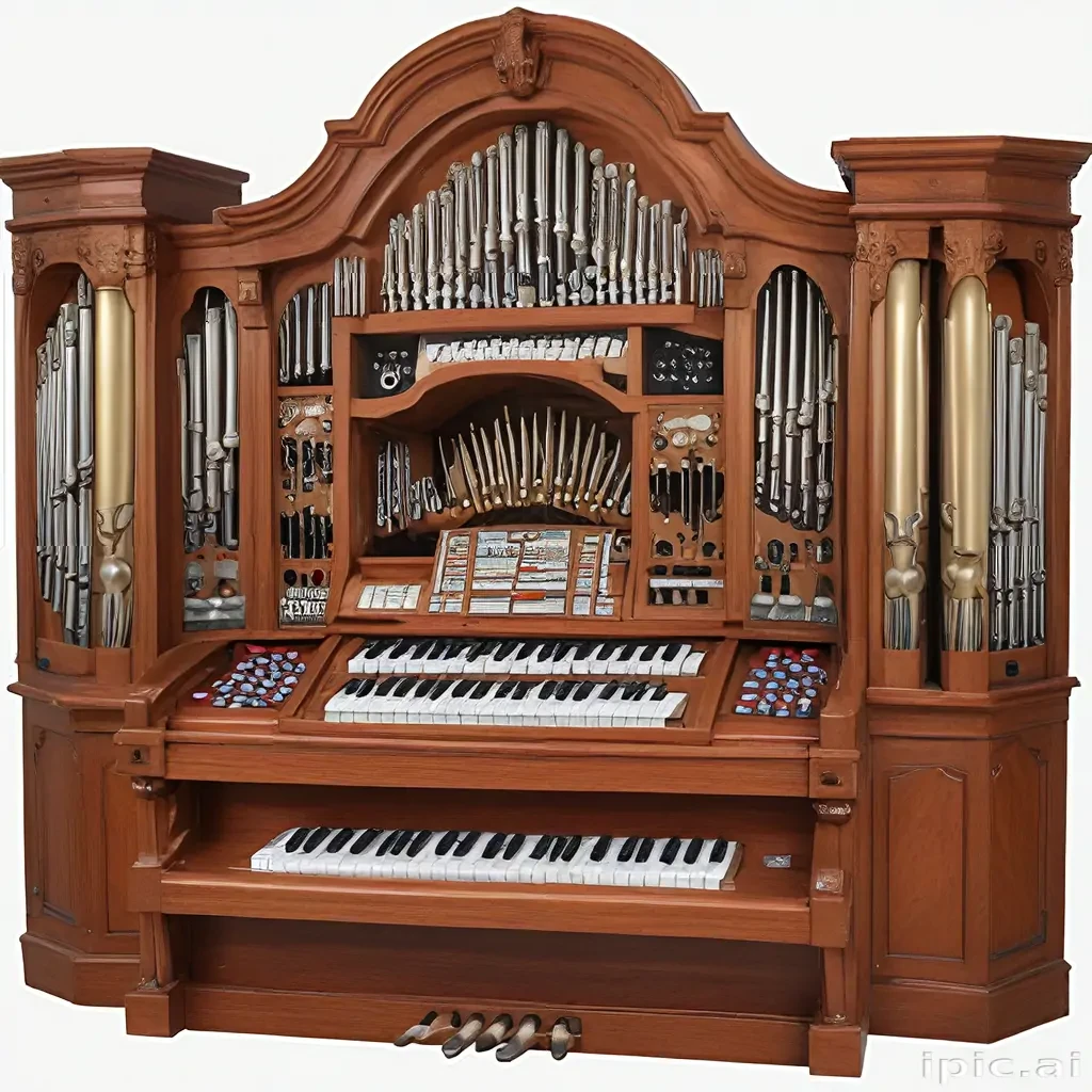 A Beautifully Crafted Vintage Pipe Organ with Intricate Details and Design.