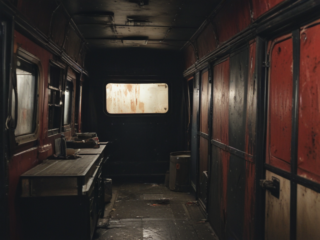 at night inside the back of an old, sordid and dark delivery van from a ...