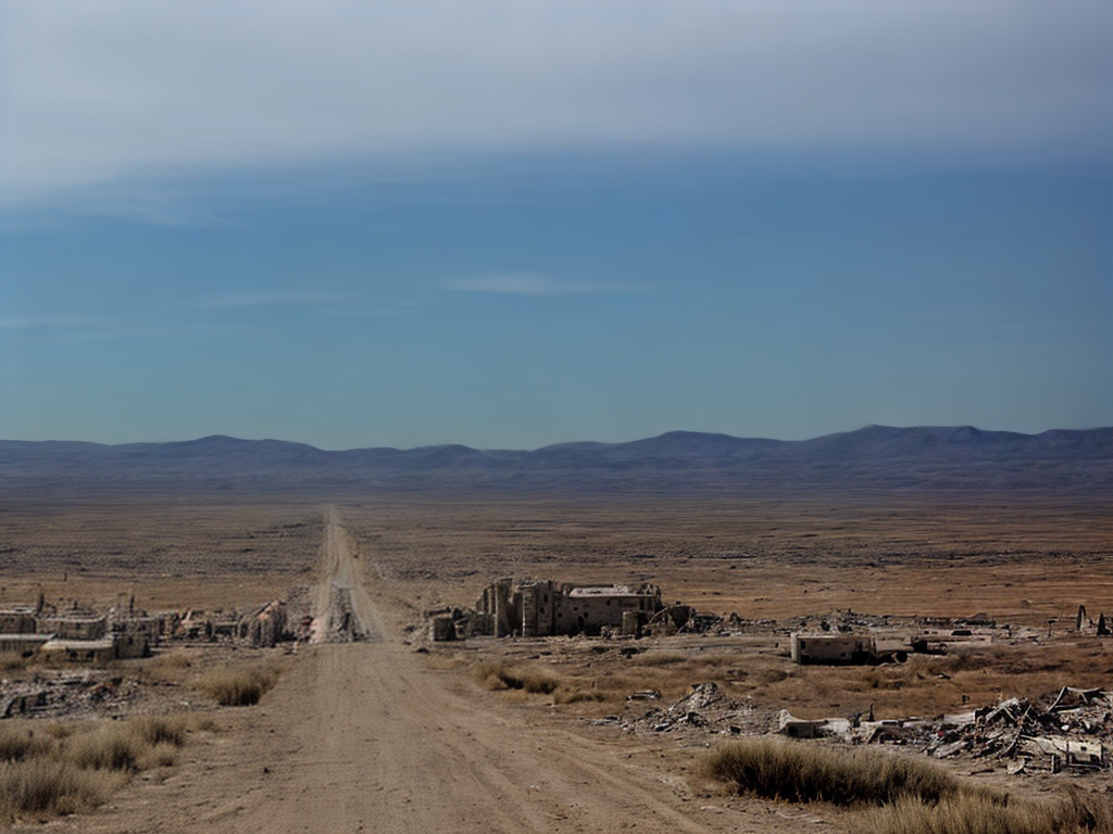 post-apocalyptic wasteland with ruins, debris, and a desolate landscape.
