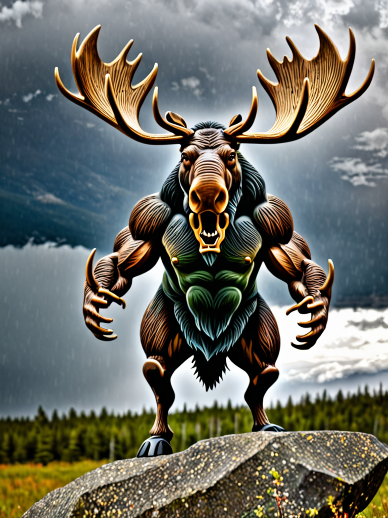 A very angry and absurdly muscular moose summoning a storm