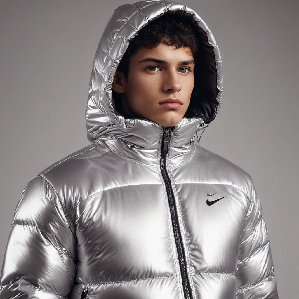 Male supermodel nike shiny puffer jacket bling jewellery hood
