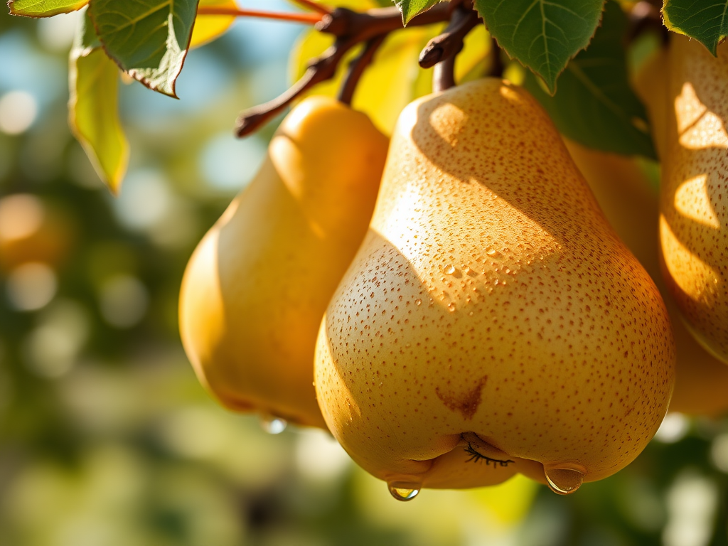 Golden Pears Hanging from a Tree, Glistening with Morning Dew