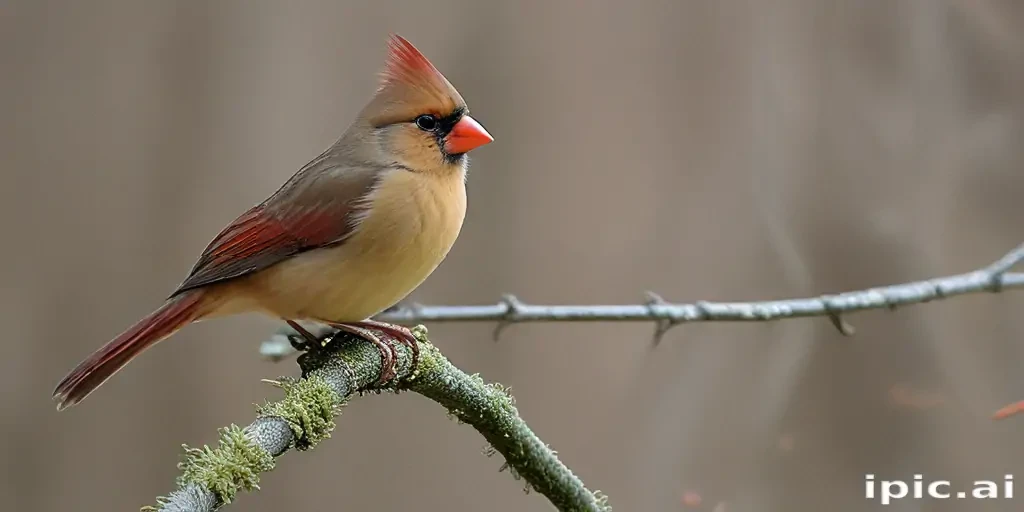 Beautiful Female Cardinal Perched Gracefully on a Branch with Moss